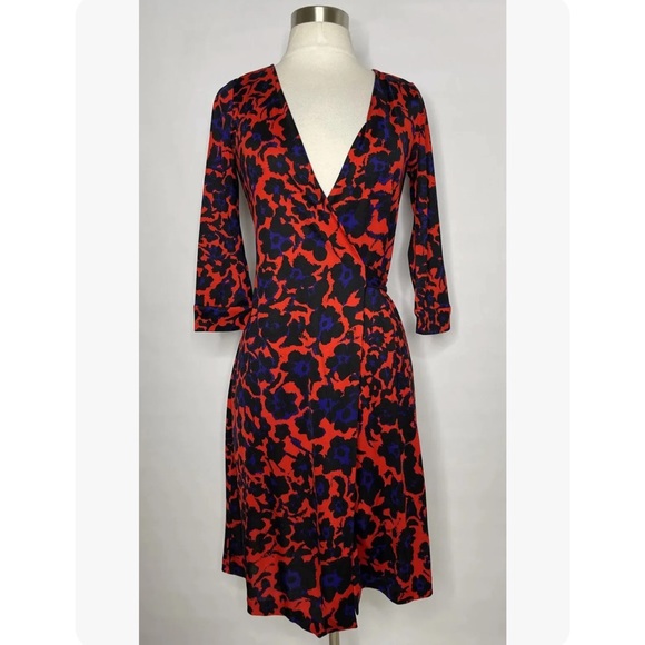 Diane Von Furstenberg | Dresses | Dvf Red Cheetah Floral Wrap Dress 4 ...